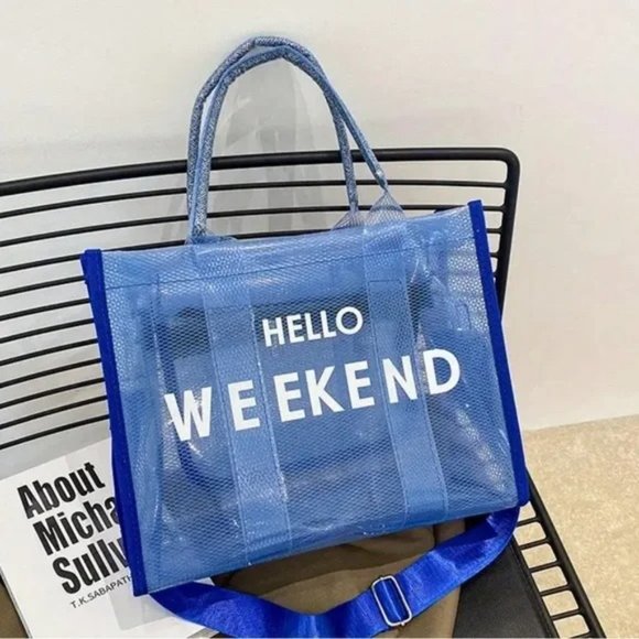Bags | Hello Weekend Tote Bag Blue | Poshmark